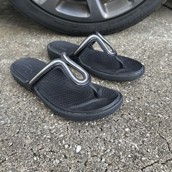 CROCS | Shoes | Crocssanrah Flip Flops Silver Metal Block Sandals ...